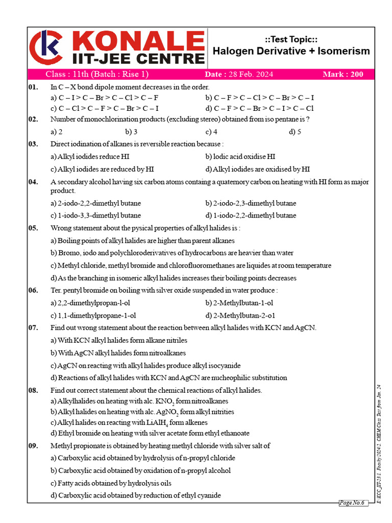 Class 11 Chemistry Test: Halogen Derivatives | PDF | Molecules ...