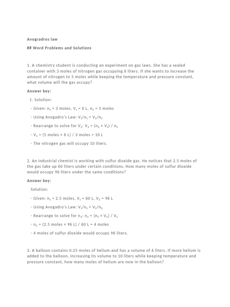 Avogadros Law Questionaires No.2 | PDF | Gases | Mole (Unit)
