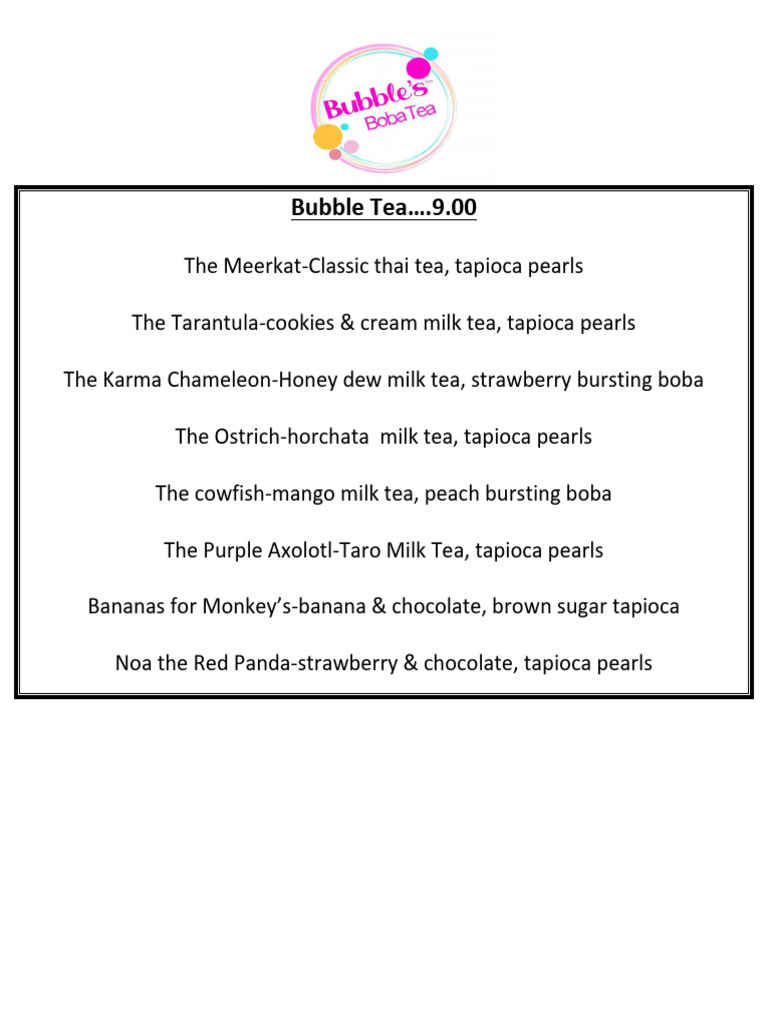 Unique Bubble Tea Flavors Menu | PDF