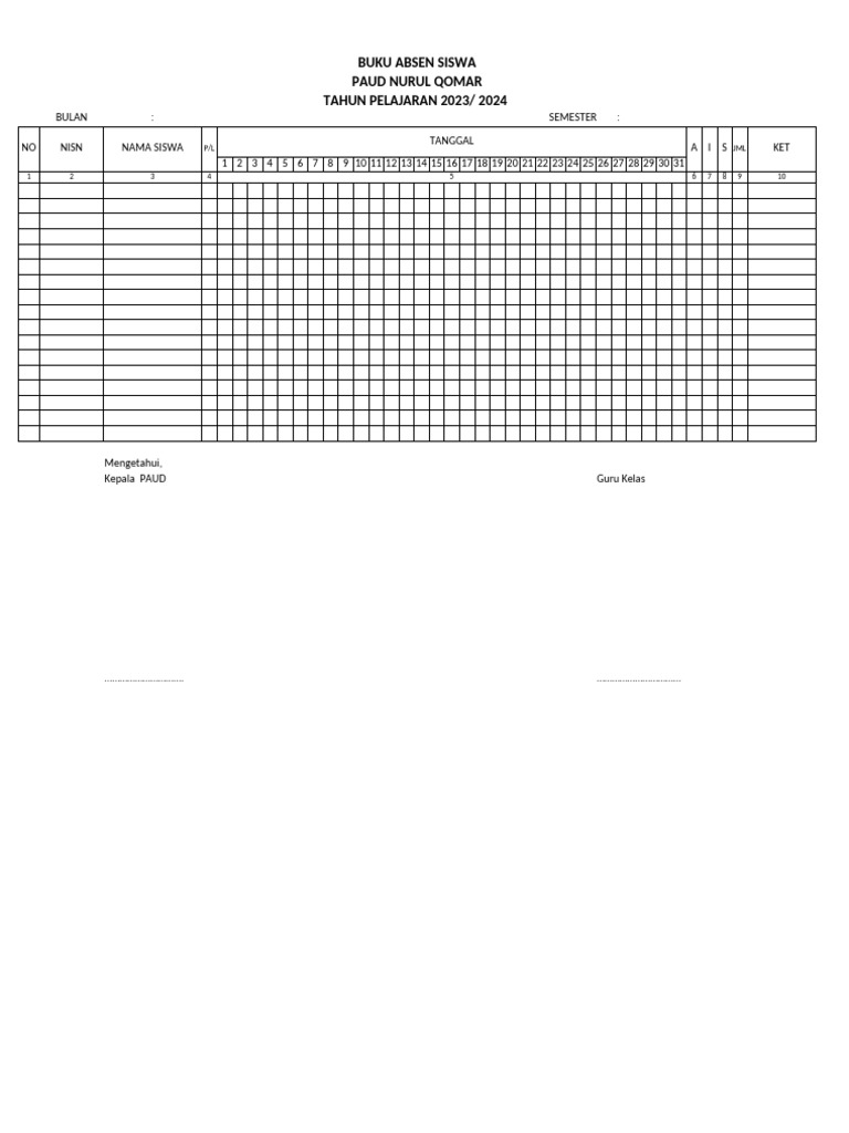 Buku Absen Siswa PAUD 2023/2024 | PDF