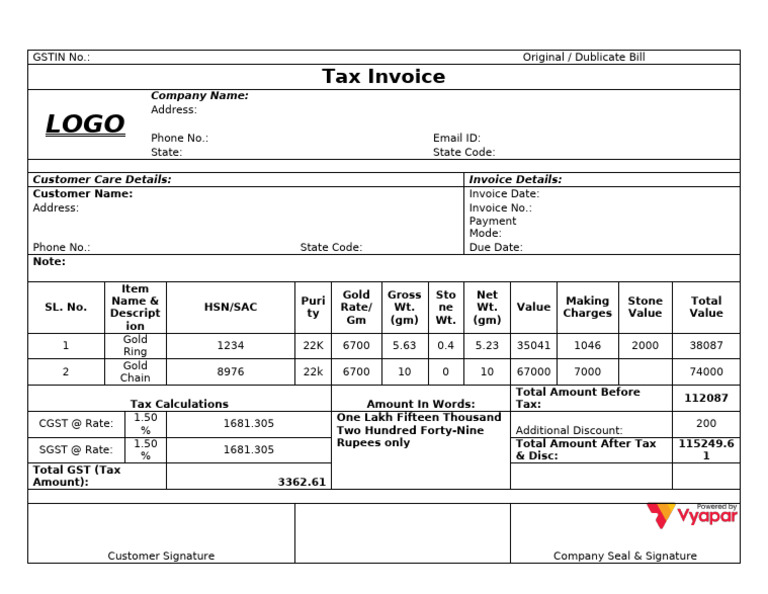 GST Bill Format for Gold Jewellery | PDF | Public Finance | Taxes