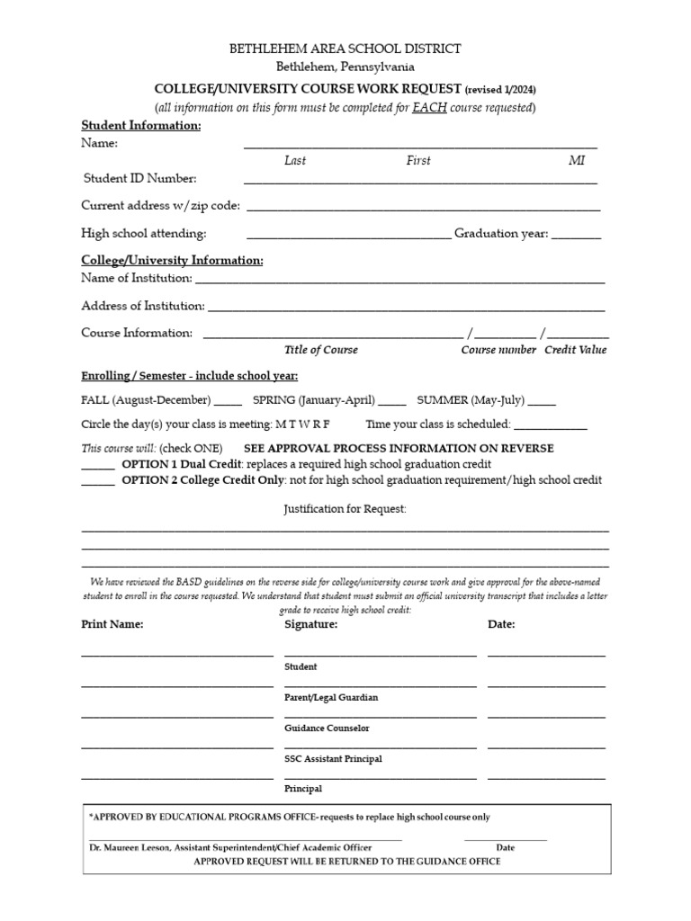 College University Course Work Request 2024 Update | PDF | Students