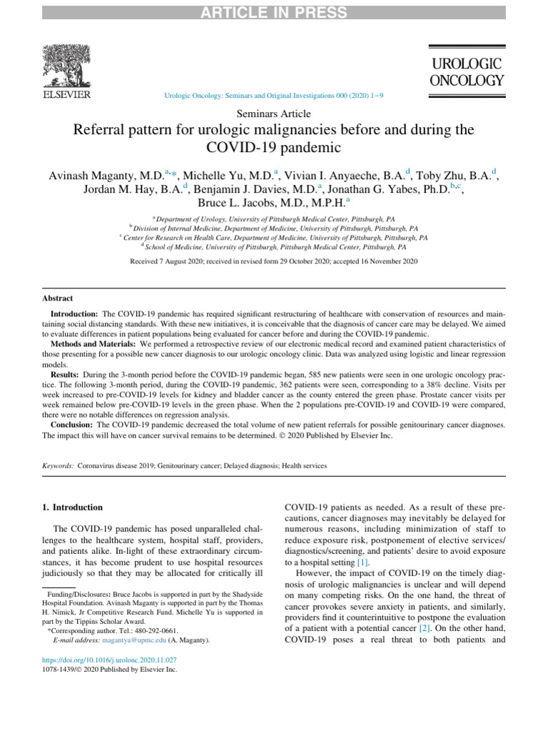 Referral Pattern For Urologic Malignancies Before and During The COVID ...