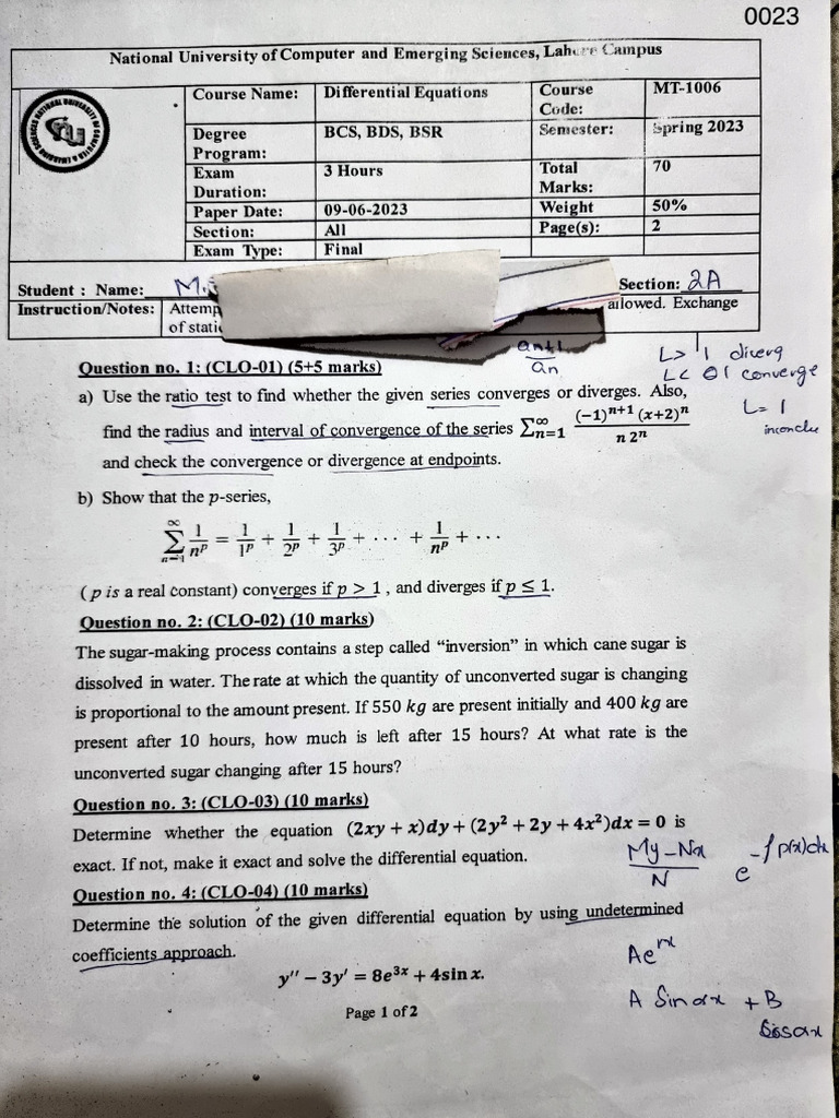 Differential Equations Exam Paper 2023 | PDF | Mathematics ...