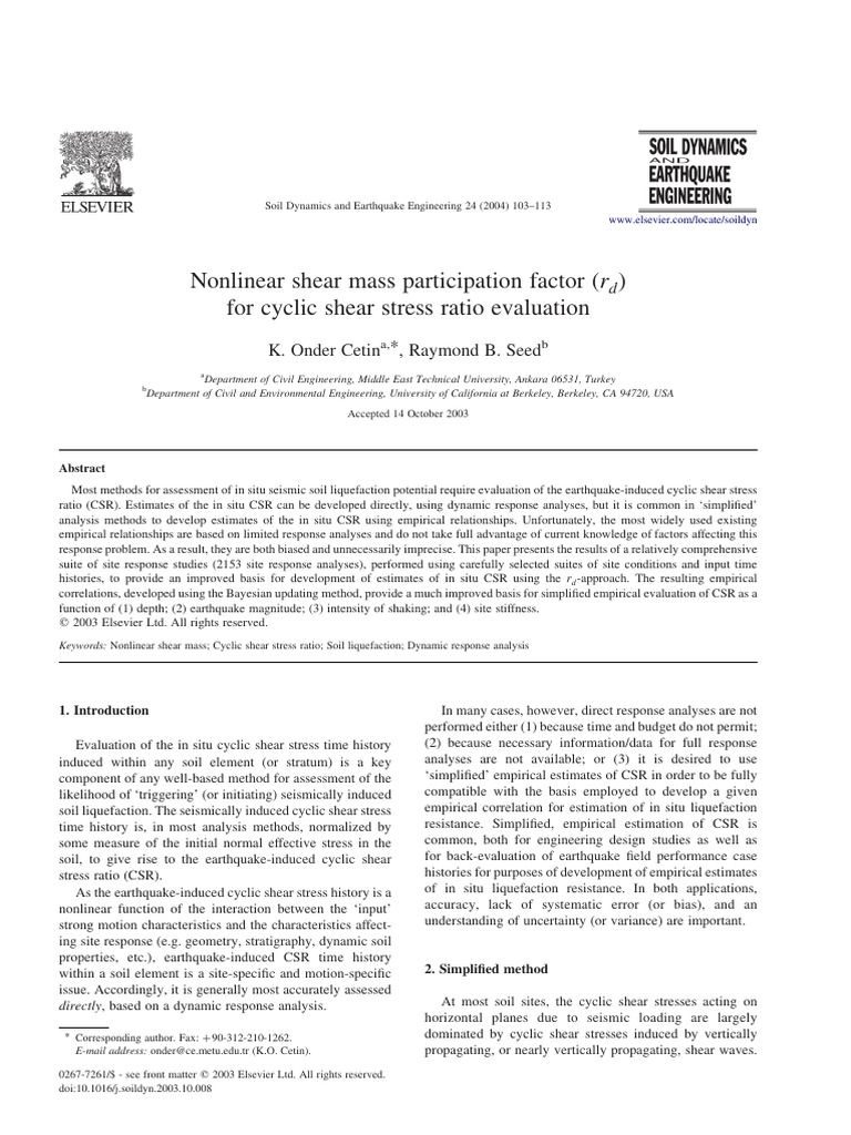 Nonlinear Shear Mass Participation Factor RD For Cyclic Shear Stress ...