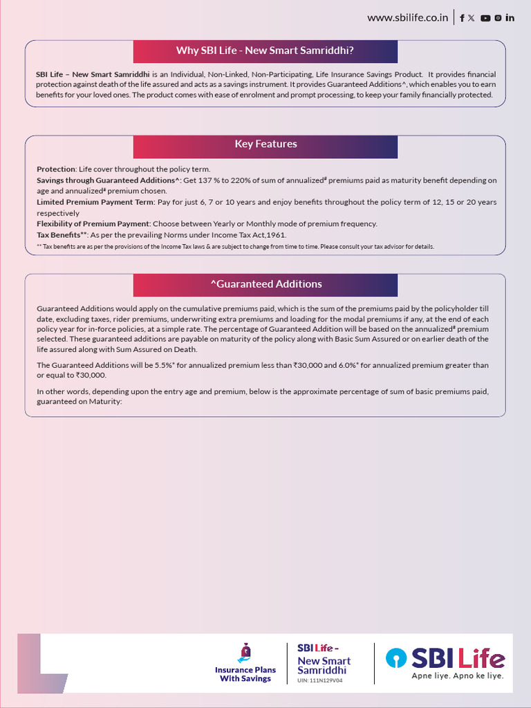 SBI+Life+-+New+Smart+Samriddhi V04 Single+Pager | PDF | Insurance ...