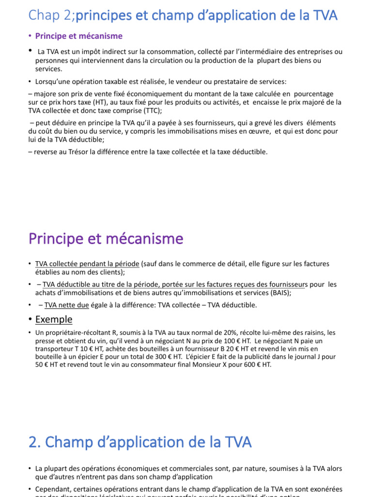 Chap 2 Principes Et Champ D'application de La TVA | PDF | Taxe sur la valeur ajoutée | Paiements