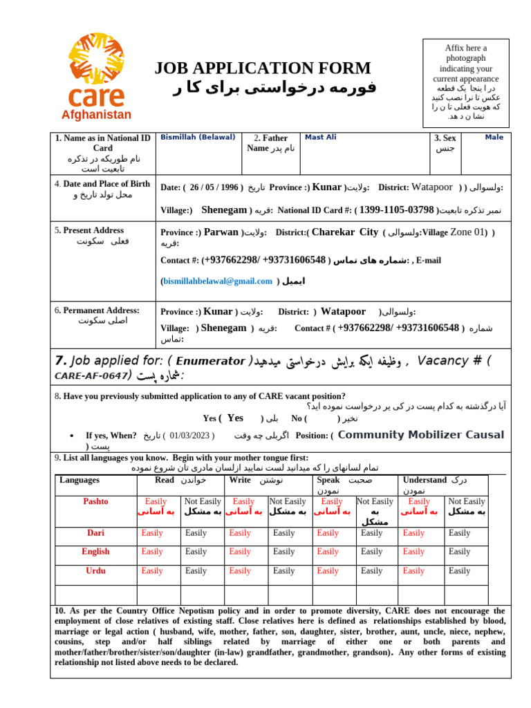 Job Application for Enumerator Position | PDF