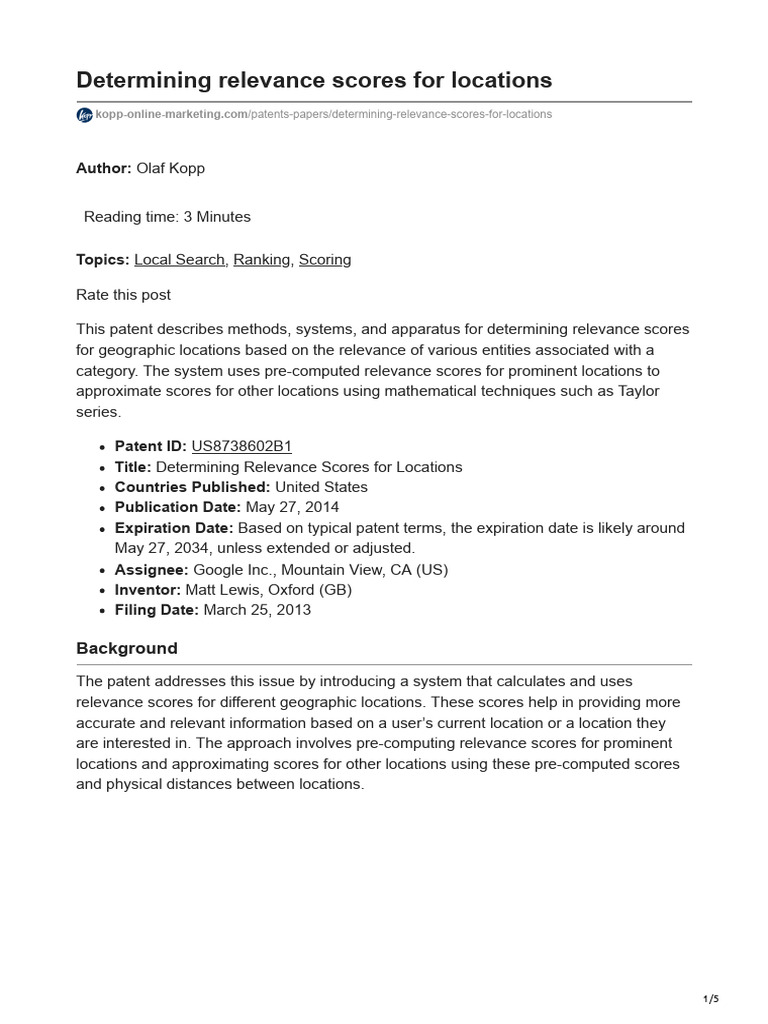 Determining Relevance Scores For Locations | PDF | Relevance | Patent