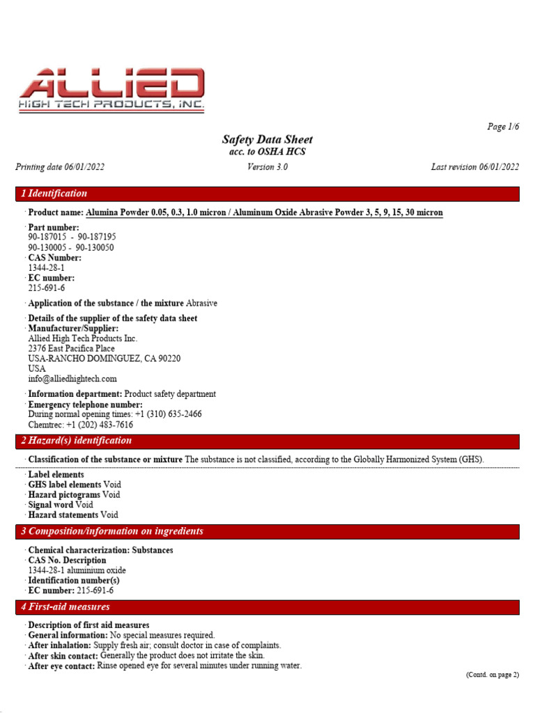 Alumina Powder Safety Data Sheet | PDF | Dangerous Goods | Occupational ...
