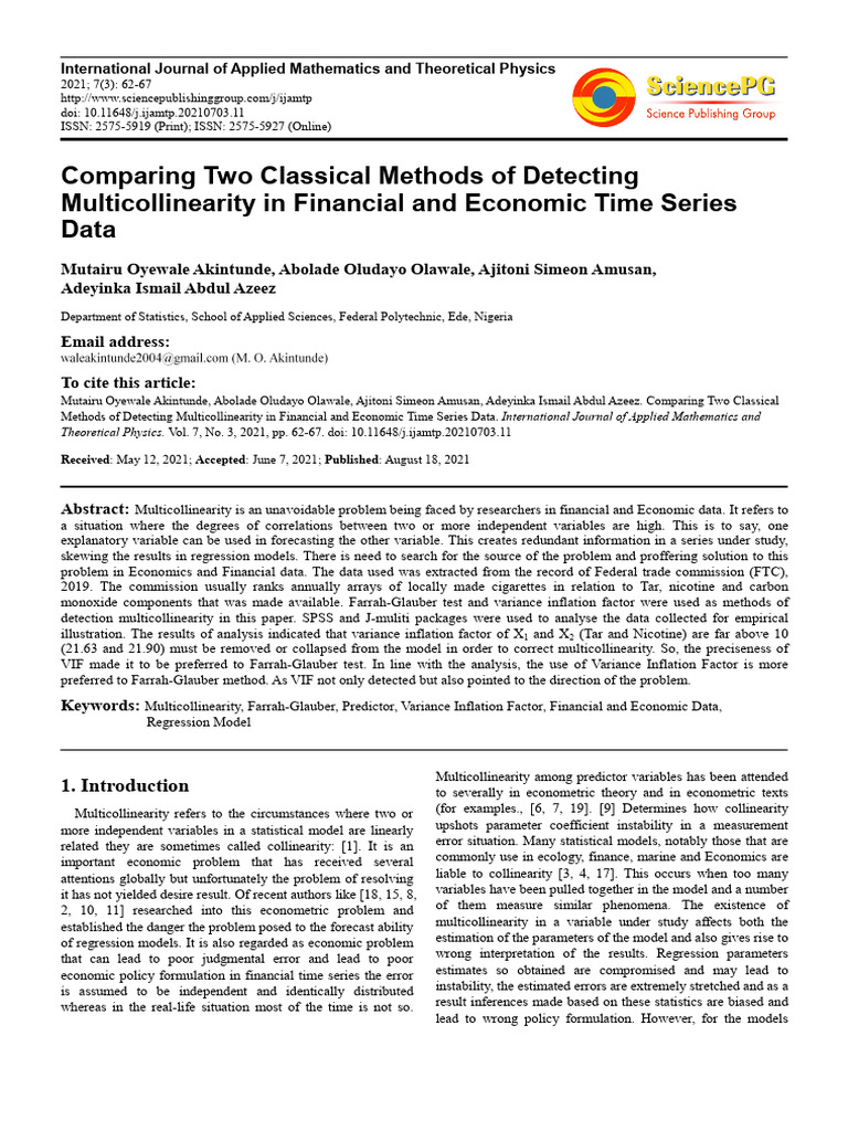 Comparing Two Classical Methods of Detecting 2021 | PDF | Multicollinearity | Statistics