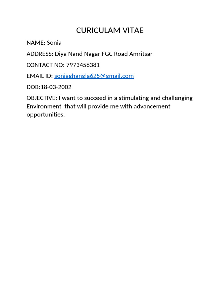 Sonia's Professional CV Summary | PDF