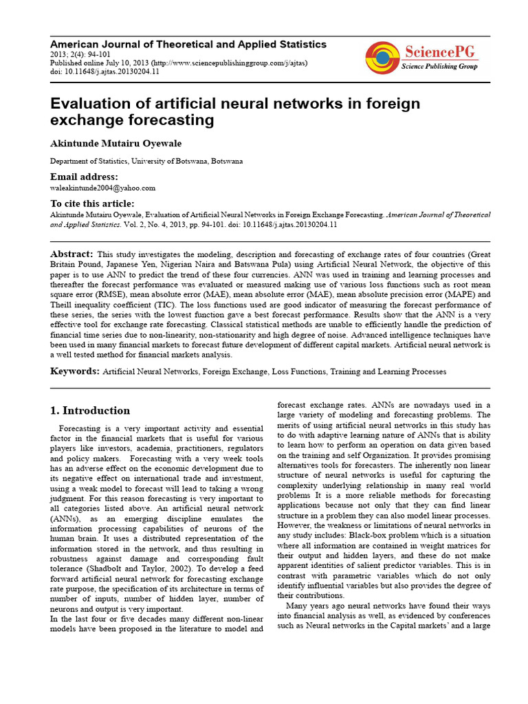 Evaluation of Artificial Neural Networks in Foreign 2013 | PDF | Artificial Neural Network ...