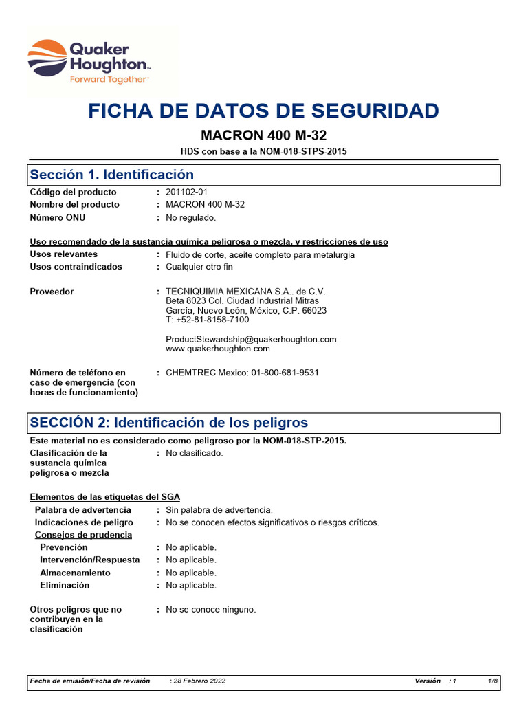 MSDS - Esp - Macron 400 M-32 | PDF | Dióxido de carbono | Agua