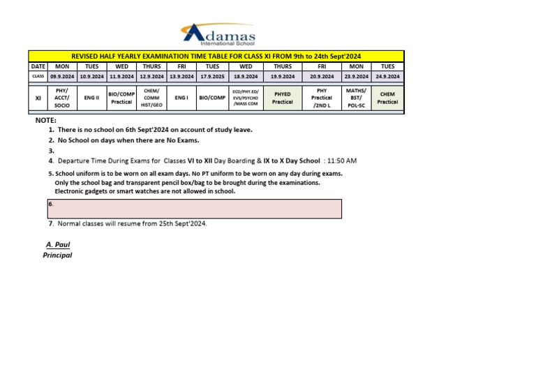 Revised Class XI Half Yearly Time Table (2024) | PDF