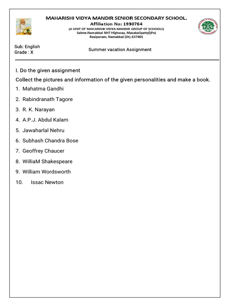GRADE X Summer Assignment | PDF