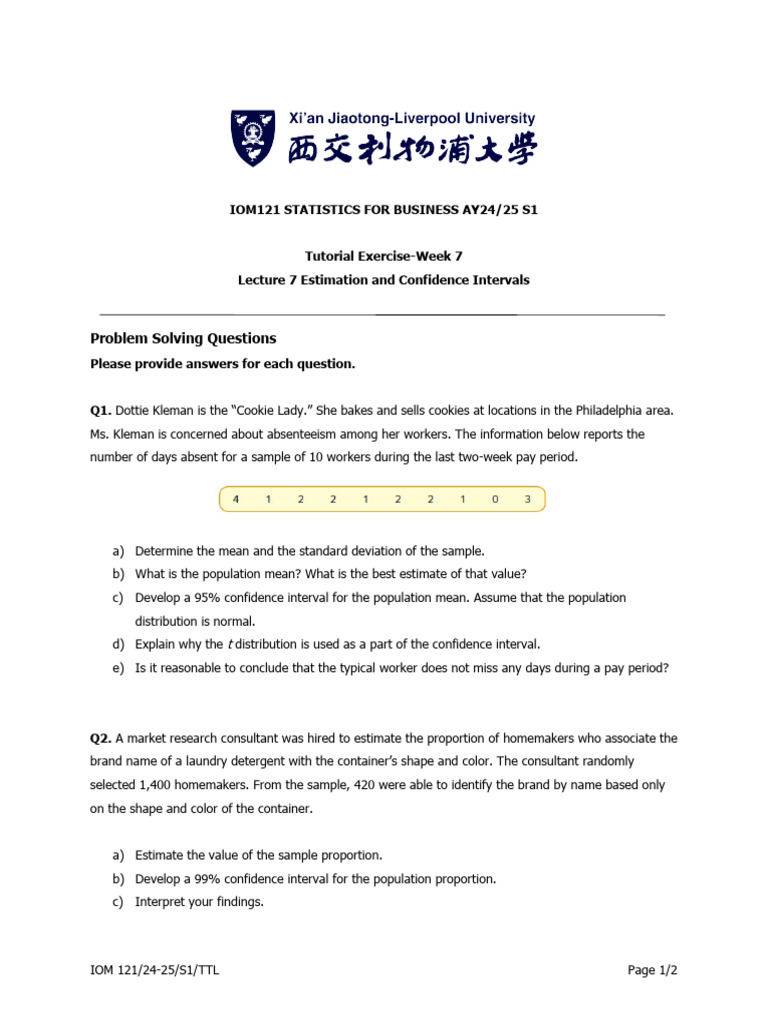 Tutorial Exercises - Lecture 7 | PDF | Confidence Interval | Sampling (Statistics)