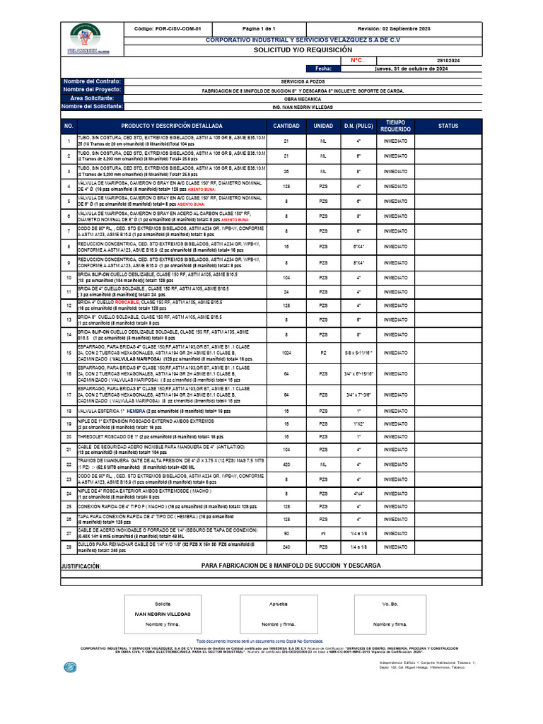 Requisicion Fabricacion de 8 Manifold 31-10-2024 | PDF | Plomería | Ingeniería