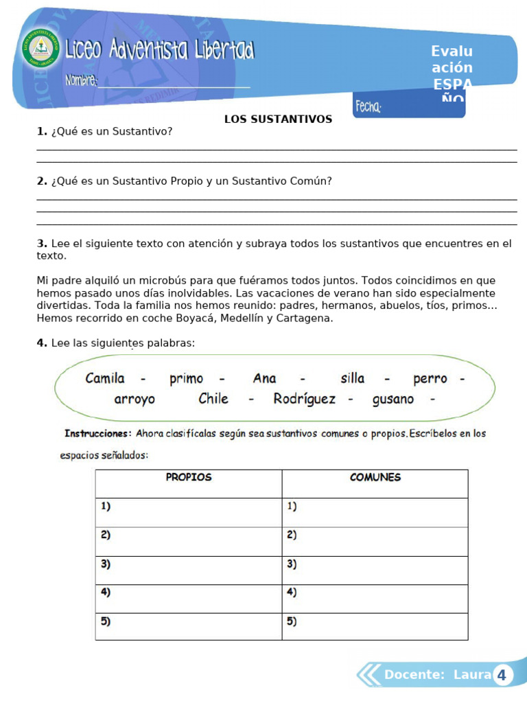 Evaluación de Refuerzo Los Sustantivos 4° | PDF