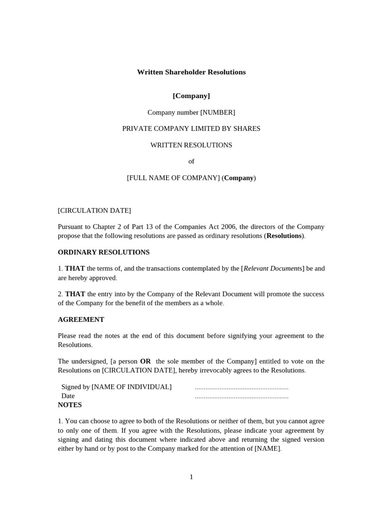 Template - Shareholder Written Resolution | PDF | Power Of Attorney ...