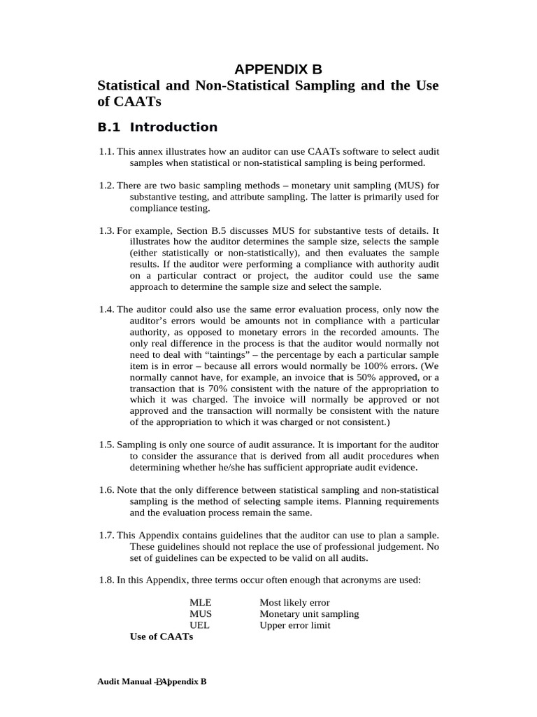 Audit Manual - Appendix B | PDF | Audit | Sampling (Statistics)