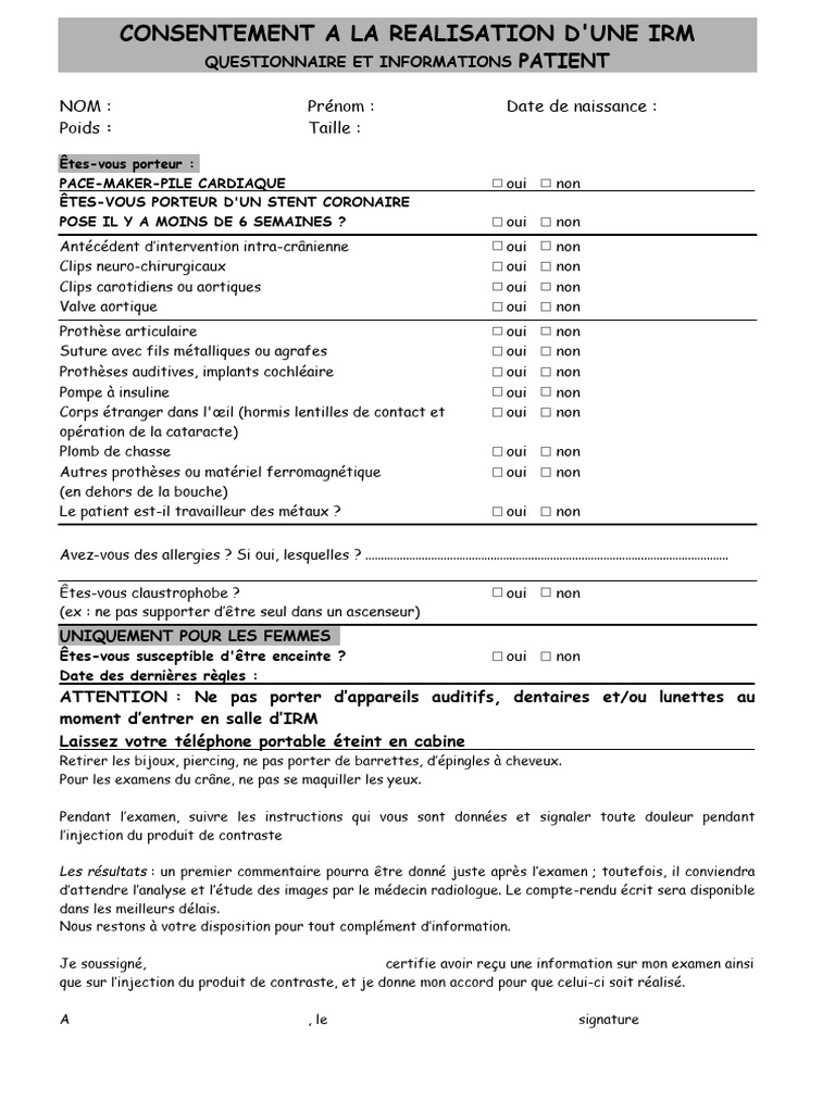 Questionnaire de Consentement IRM | PDF | Imagerie par résonance ...
