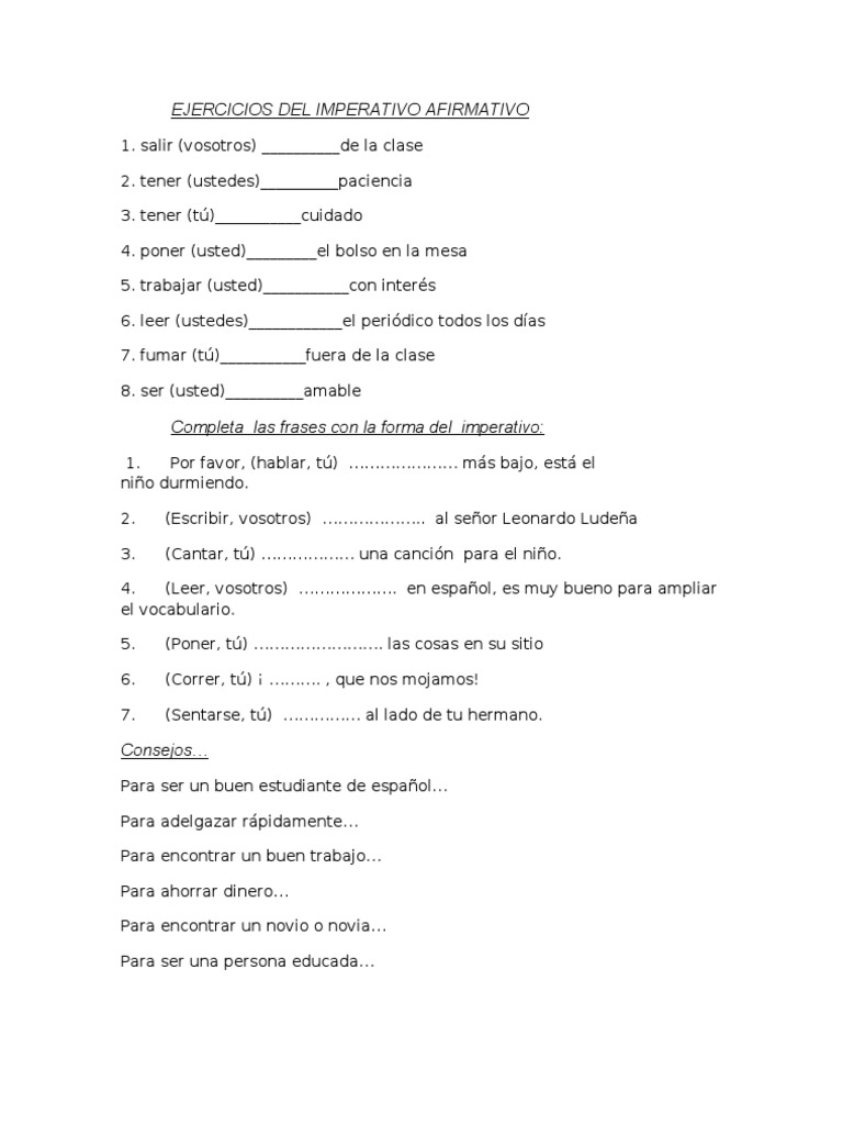 Ejercicios Del Imperativo Afirmativo | PDF | Deportes