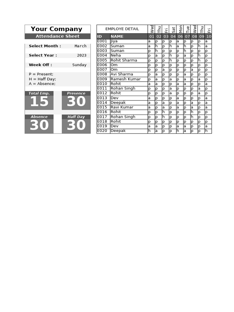 March 2023 Employee Attendance Sheet | PDF