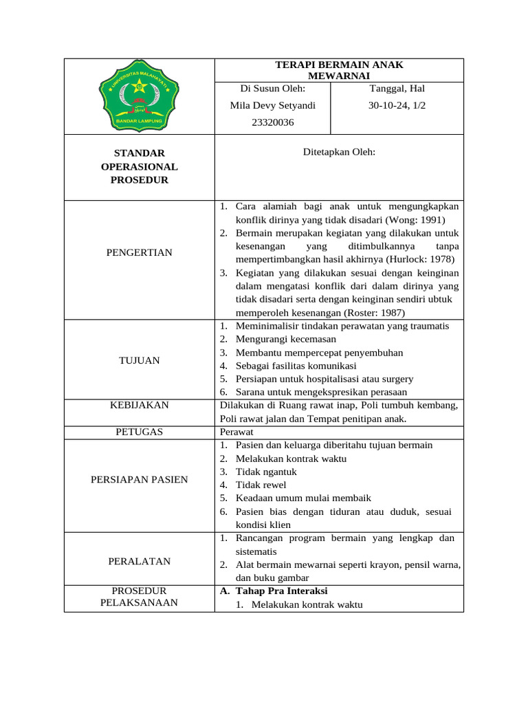Mila Devy Setyandi - 23320036 (SOP Terapi Bermain Anak Mewarnai) | PDF ...