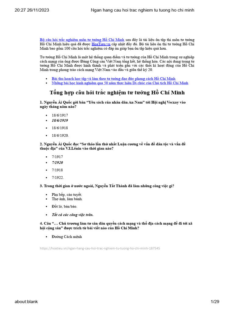 Ngan Hang Cau Hoi Trac Nghiem Tu Tuong Ho Chi Minh | PDF