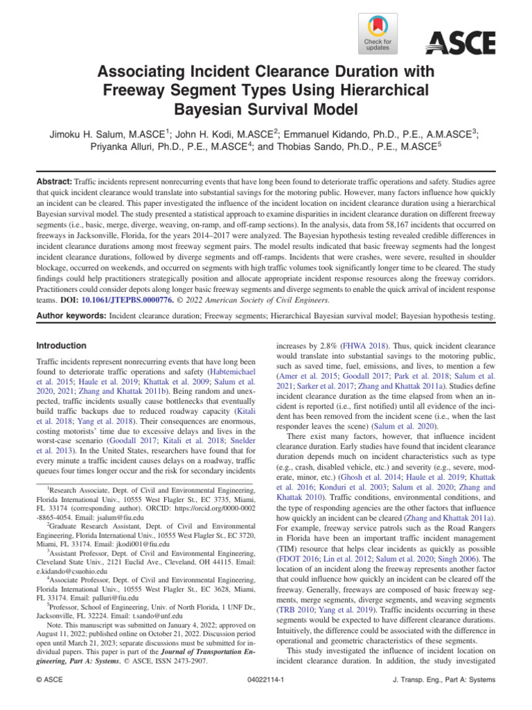 Salum Et Al 2022 Associating Incident Clearance Duration With Freeway Segment Types Using ...