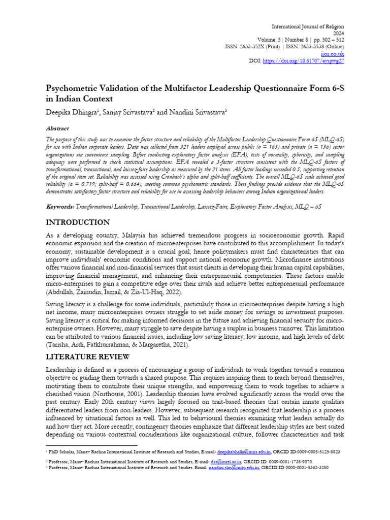Psychometric Validation of MLQ-6S in India | PDF | Leadership ...