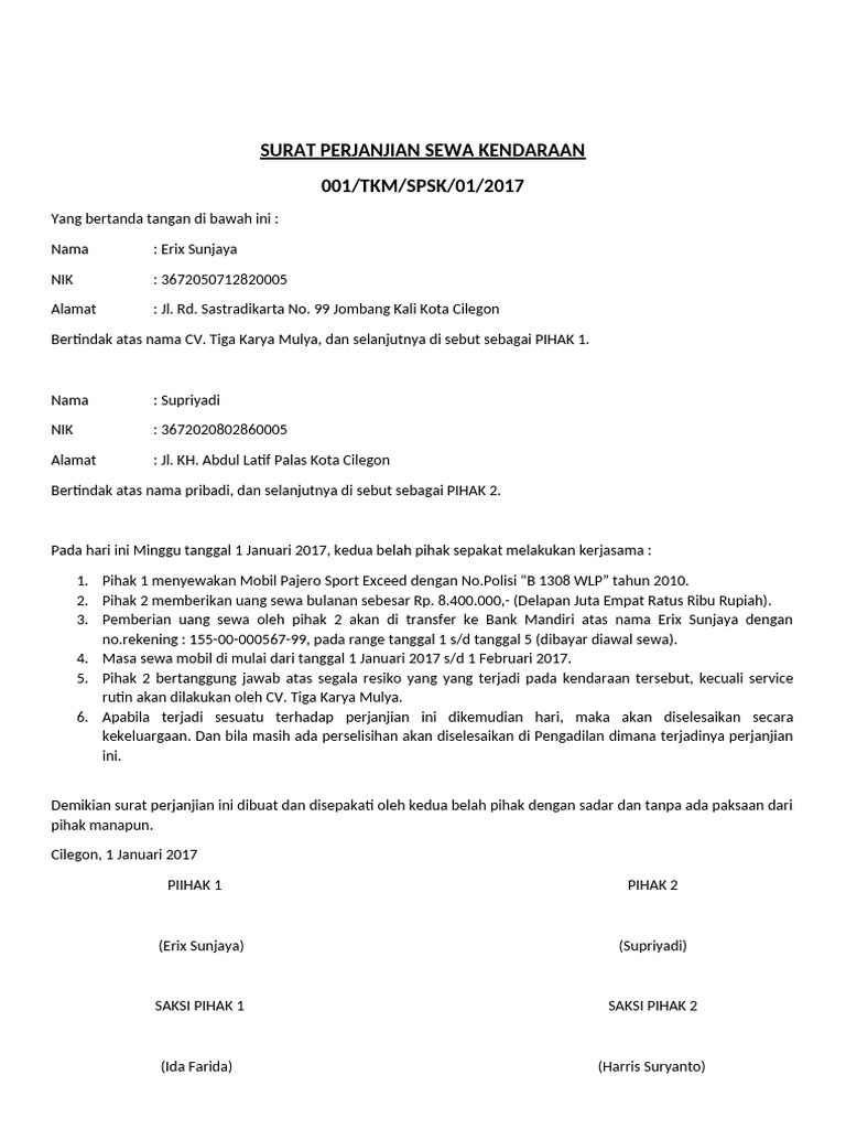 Surat Perjanjian Sewa Kendaraan | PDF