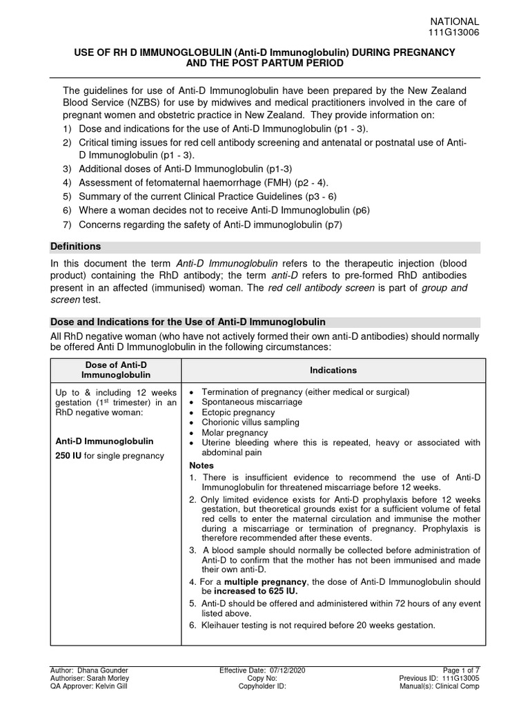 NZBS Use of RHD Immunoglobulin During Pregnancy and The Post Partum Period | PDF | Miscarriage ...