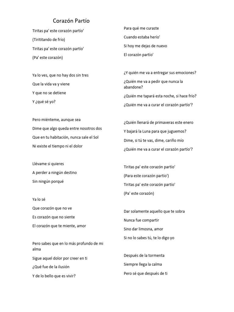 Letra de "Corazón Partío" | PDF