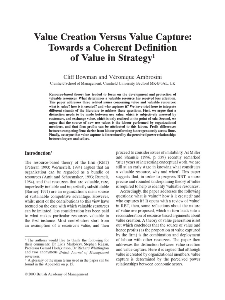 Bownman and Ambrosini, 2000 - Value Creation Vs Value Capture - Towards A Coherent Definition of ...