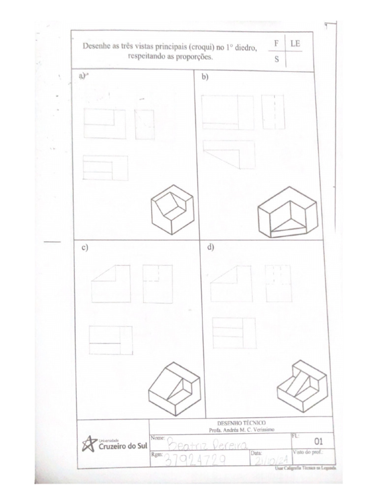 Desenhe as três vistas principais (croqui) no 1° diedro, | PDF