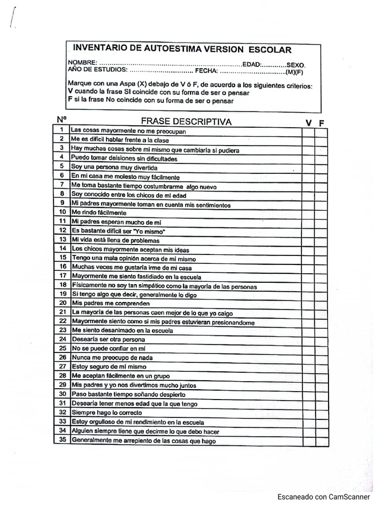 Test de Cooper Smith (Autestima) | PDF