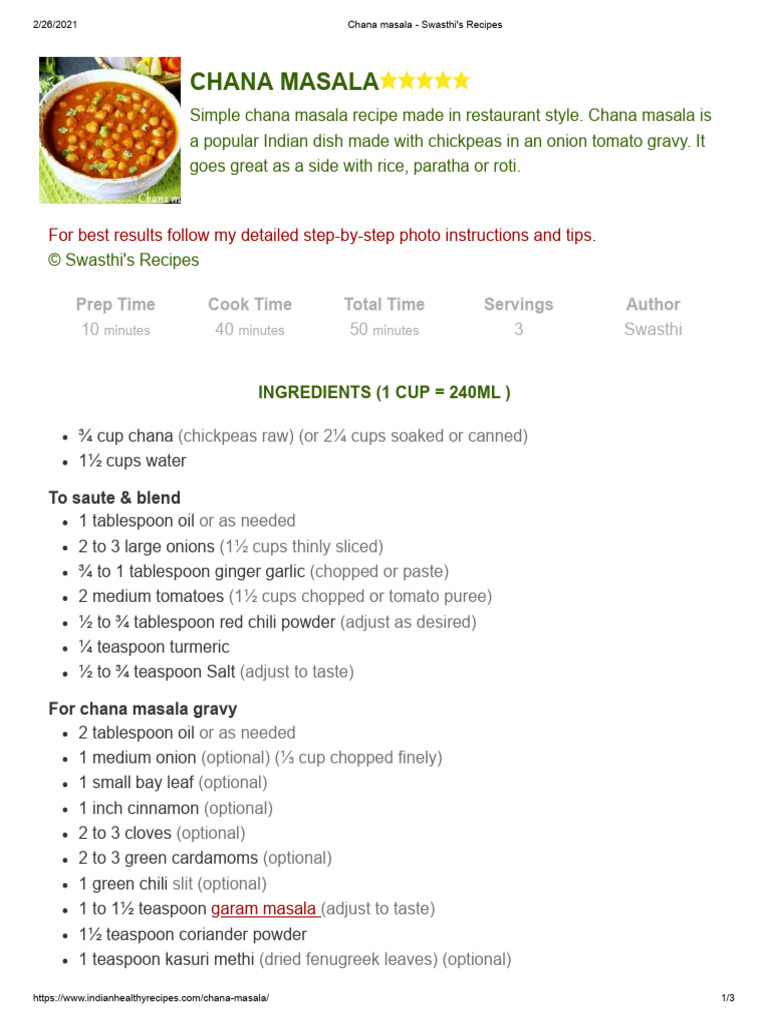 Chana Masala - Swasthi's Recipes | PDF | Chickpea | Indian Cuisine