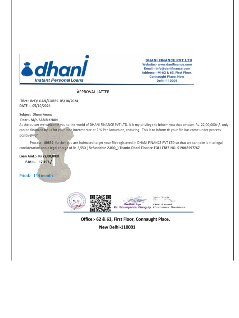 Dhani Finance Approval Letter | PDF