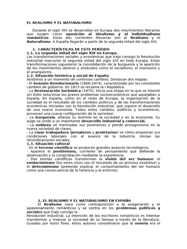 EL REALISMO Y EL NATURALISMO Word | PDF | Realismo literario | Novelas