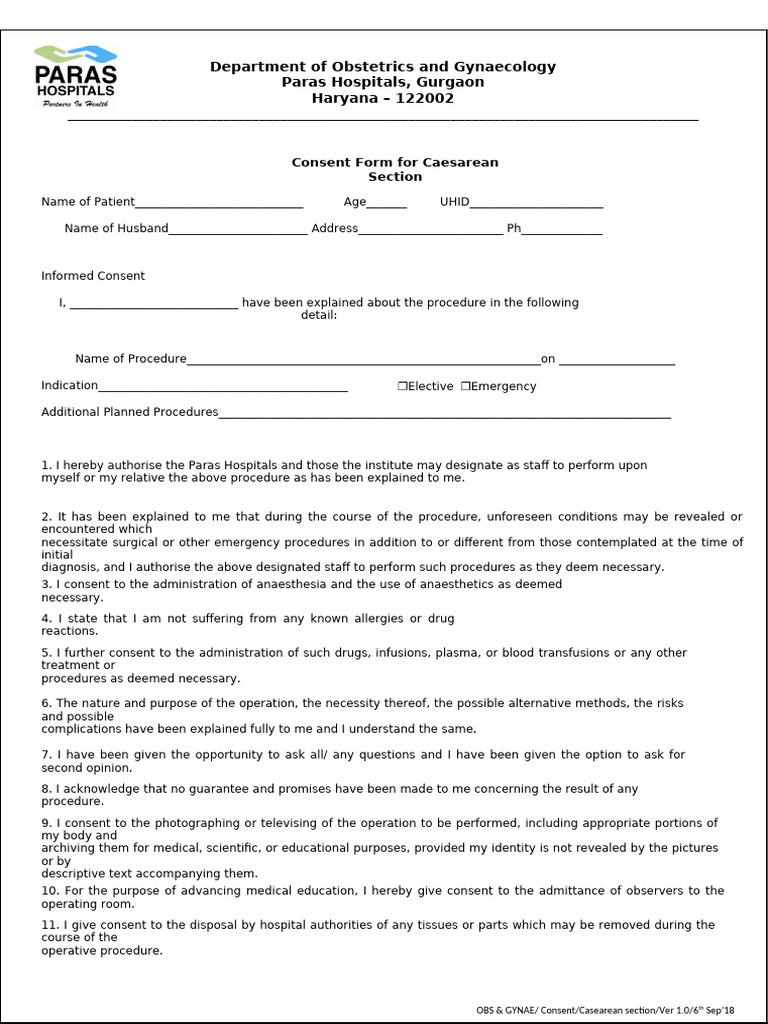 Consent Form For Casserian Section | PDF | Caesarean Section | Medicine