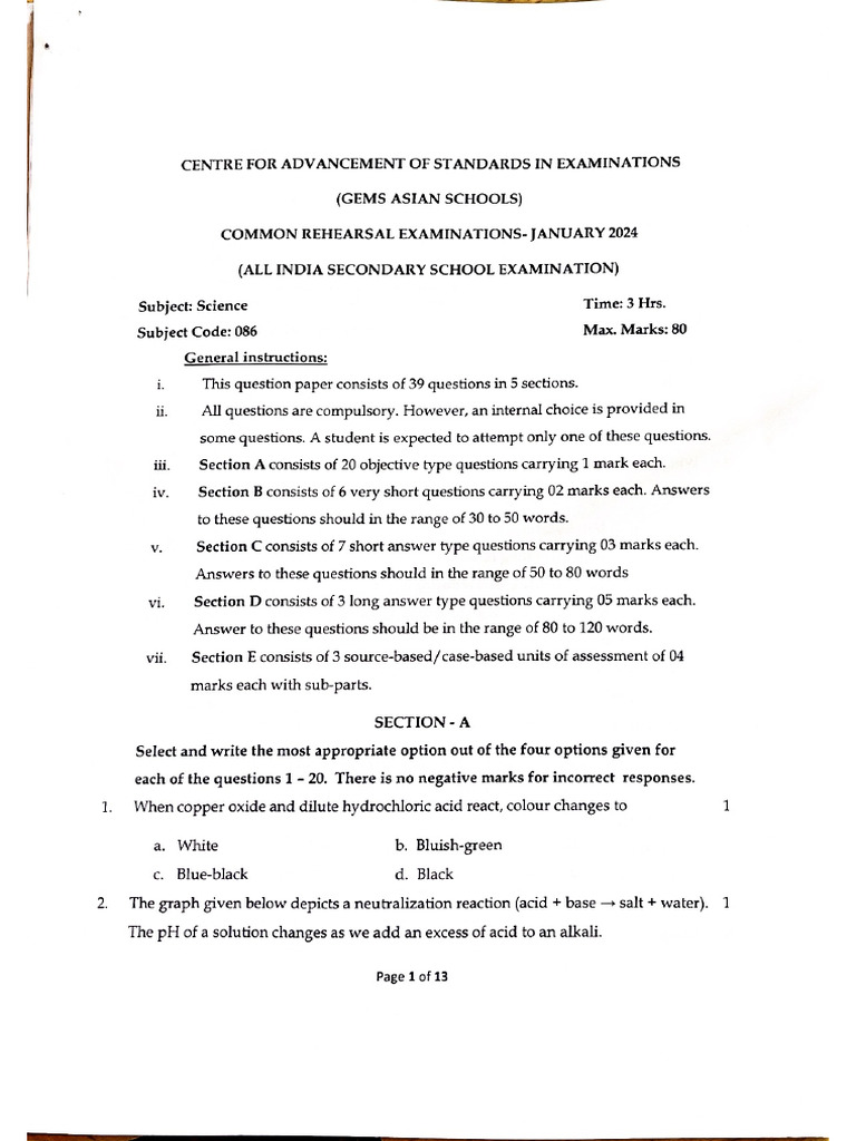 Case Science Question Paper 2023-24 | PDF