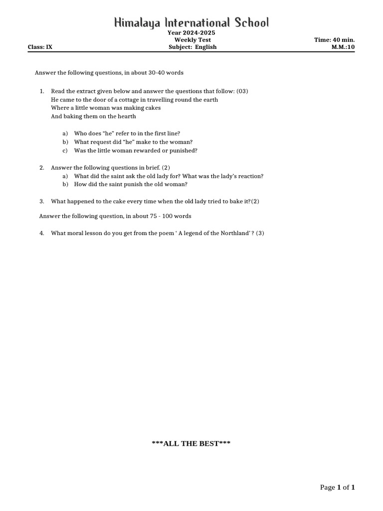 Weekly Test Class IX | PDF