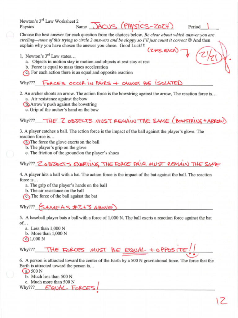 Newton's 3rd Law - Worksheet SOLUTIONS | PDF