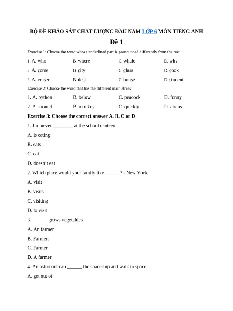 Bo de Khao Sat Chat Luong Dau Nam Lop 6 Mon Tieng Anh | PDF | English Language