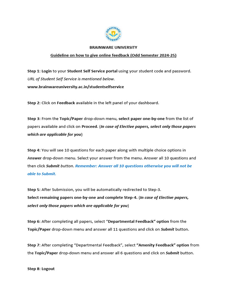 Guideline On How To Give Online Feedback - Odd Sem 2024-25 | PDF