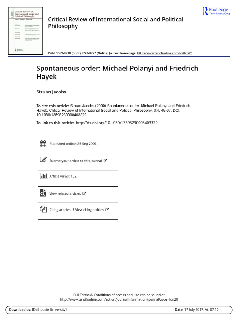 Spontaneous Order: Michael Polanyi and Friedrich Hayek | PDF ...