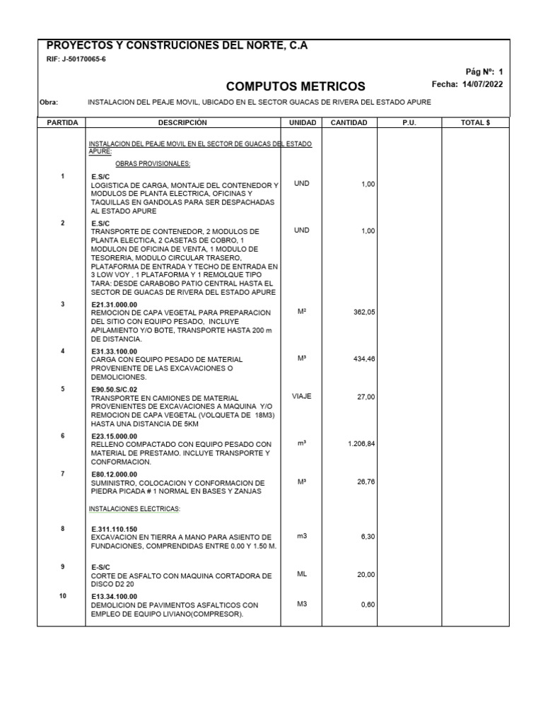 Computos Metricos Instalacion Peajemovil Final | PDF | Ingeniería estructural | edificio