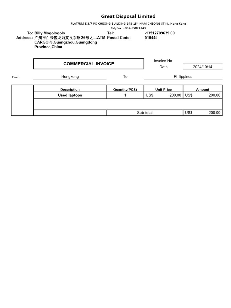 Great Disposal Limited: Commercial Invoice | PDF